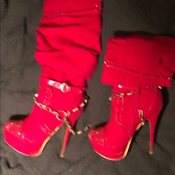 Alba | Shoes | Red Velvet Chic Boots With Gold Chains And Accents ...